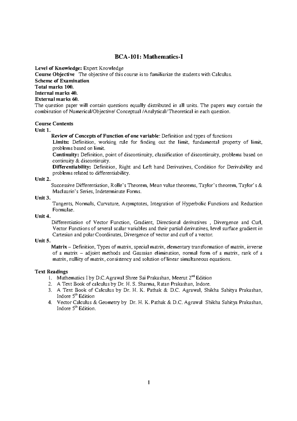 BCA syllabus I semester 376356901 - BCA-101: Mathematics-I Level of ...