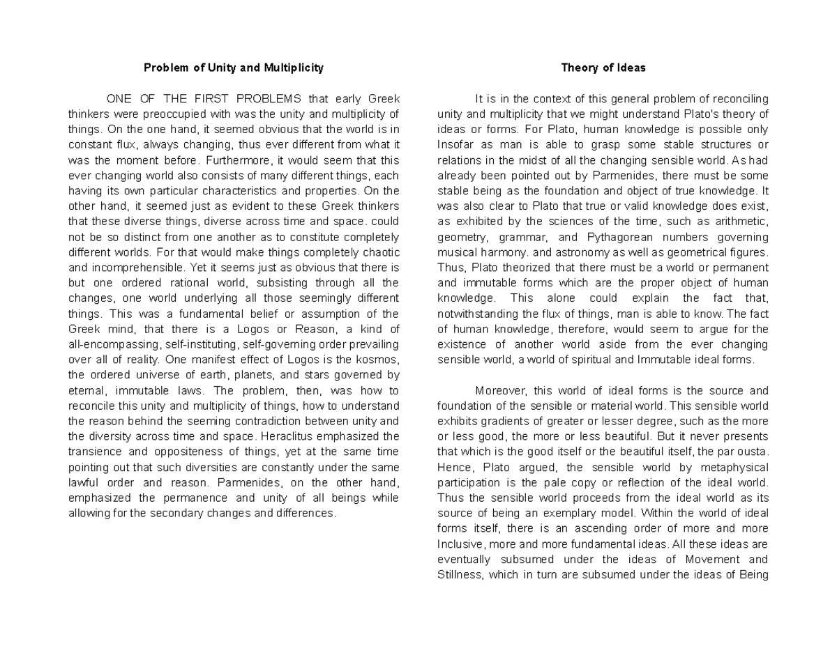 Ethics WEEK 6 - Problem of Unity and Multiplicity ONE OF THE FIRST ...