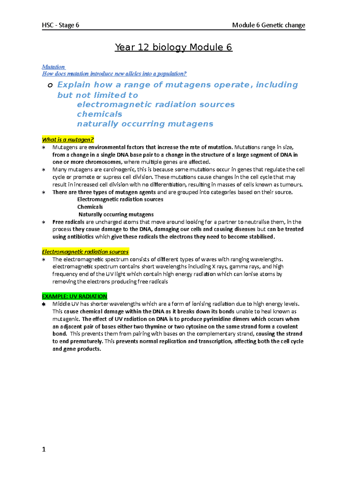 Year 12 biology Module 6 Notes - Year 12 biology Module 6 Mutation How ...