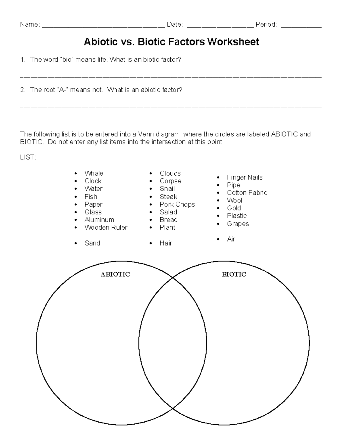 Abiotic vs Biotic Worksheet - Name ...