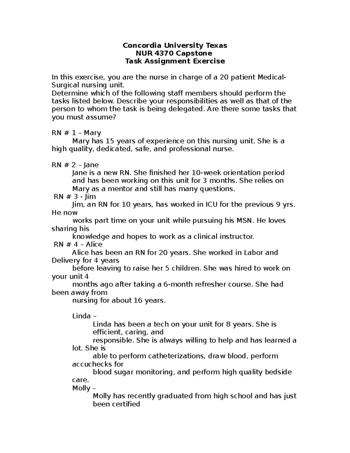 Task Assignment Exercise - Concordia University Texas NUR 4370 Capstone ...