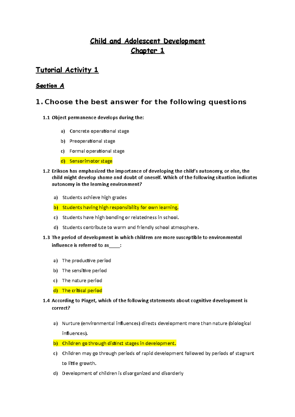 CAD - Chapter 1 (Tutorial Activity) Memorandum - Child and Adolescent Development Chapter 1 ...