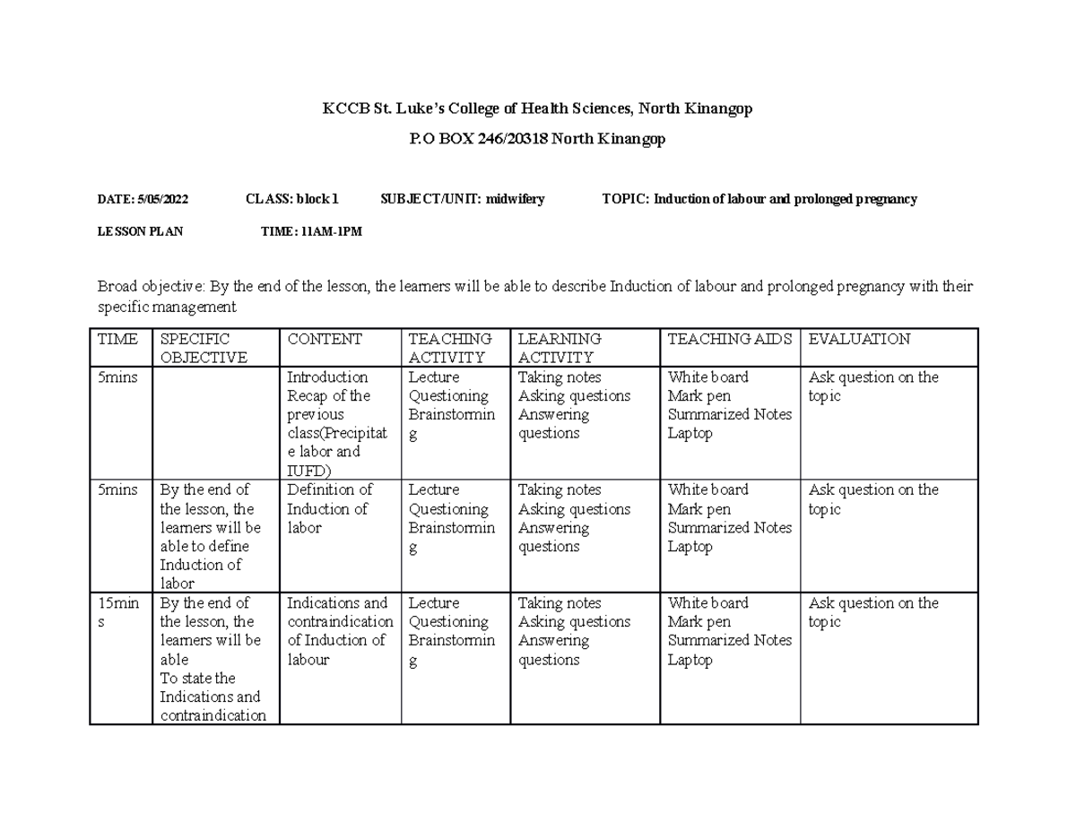 Induction of labour lesson plan - Public health - UoN - Studocu