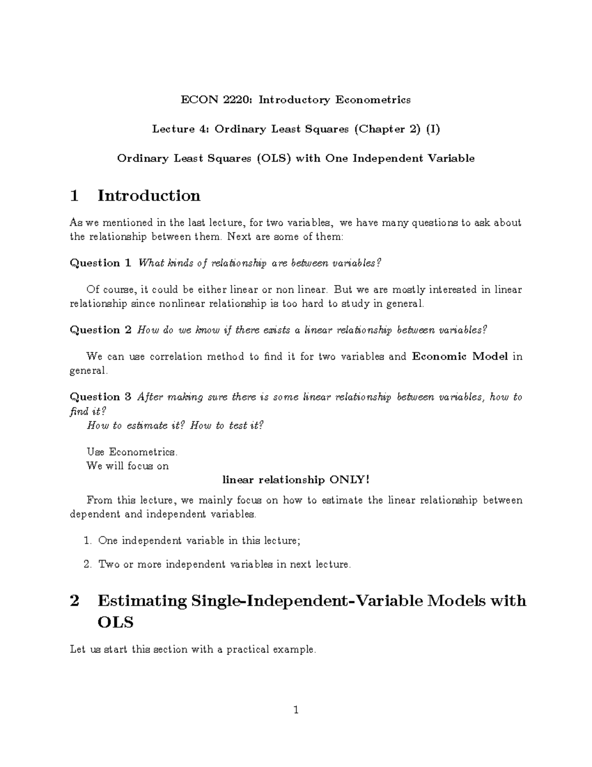 Econ 2220lecture 4 Econ 2220 Introductory Econometrics Lecture 4 Ordinary Least Squares
