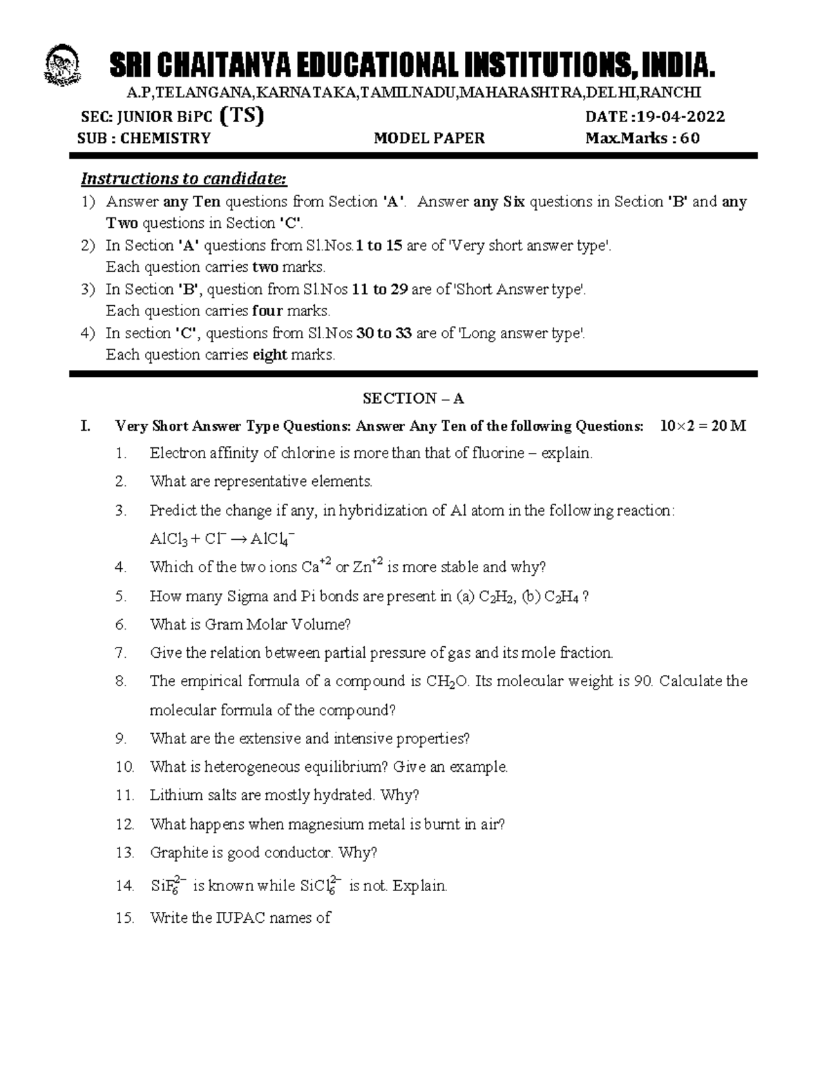 (TS) JR Chemistry IPE PRE Final Model Paper (19-04-2022) - SRI ...
