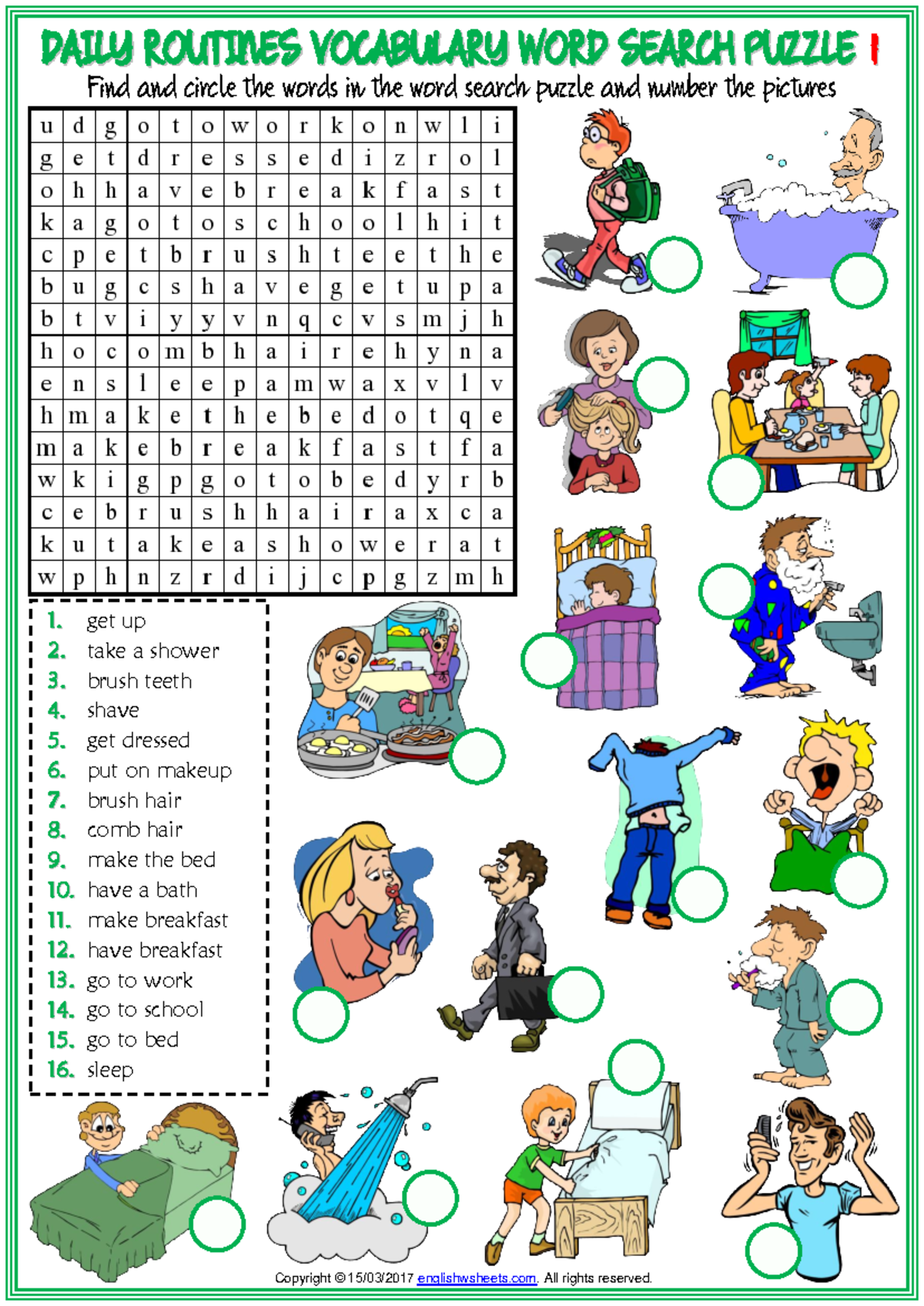 Daily routines vocabulary esl word search puzzle worksheets for kids ...