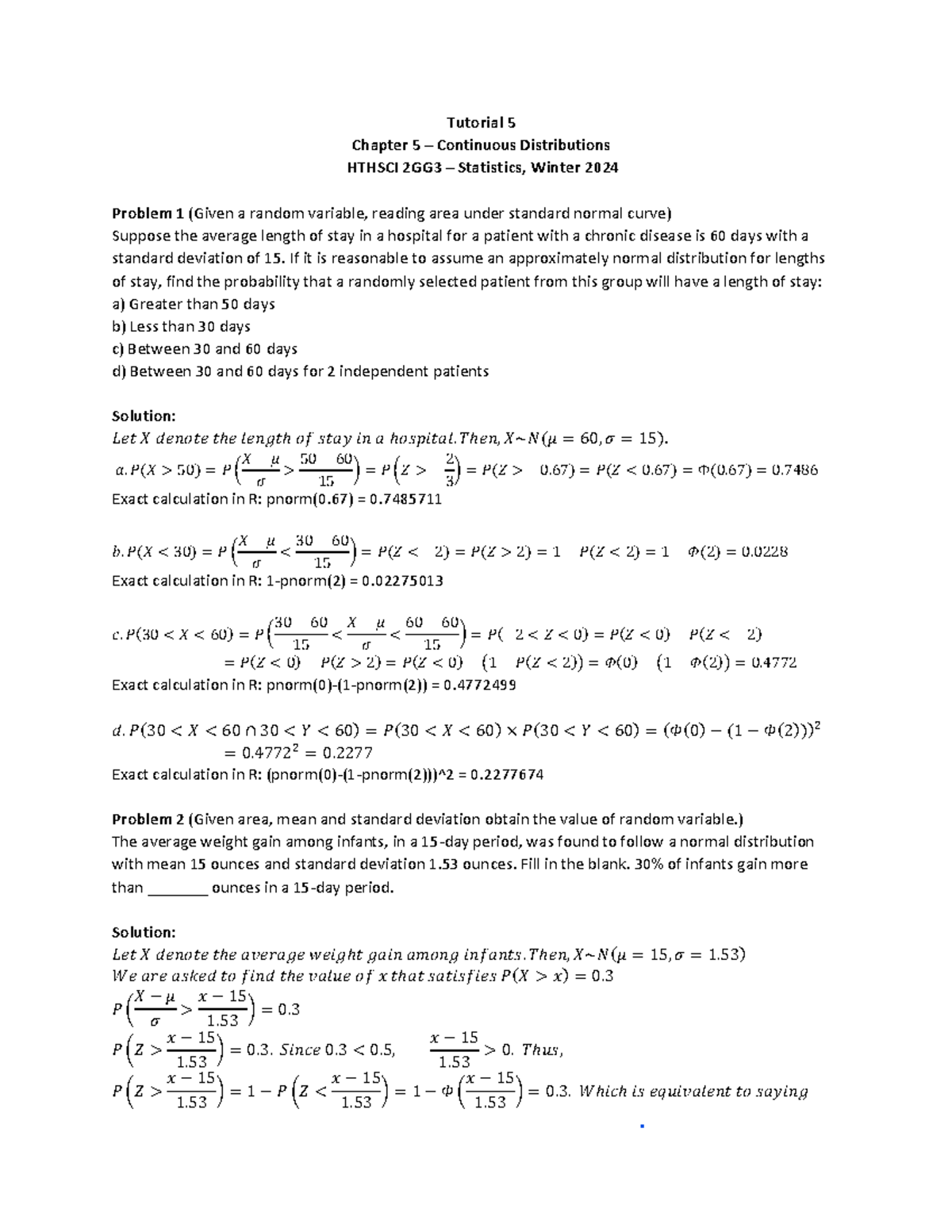 Tutorial 5 - Chapter 5 - Continuous Distributions solutions - Problem 1 (Given a random variable ...