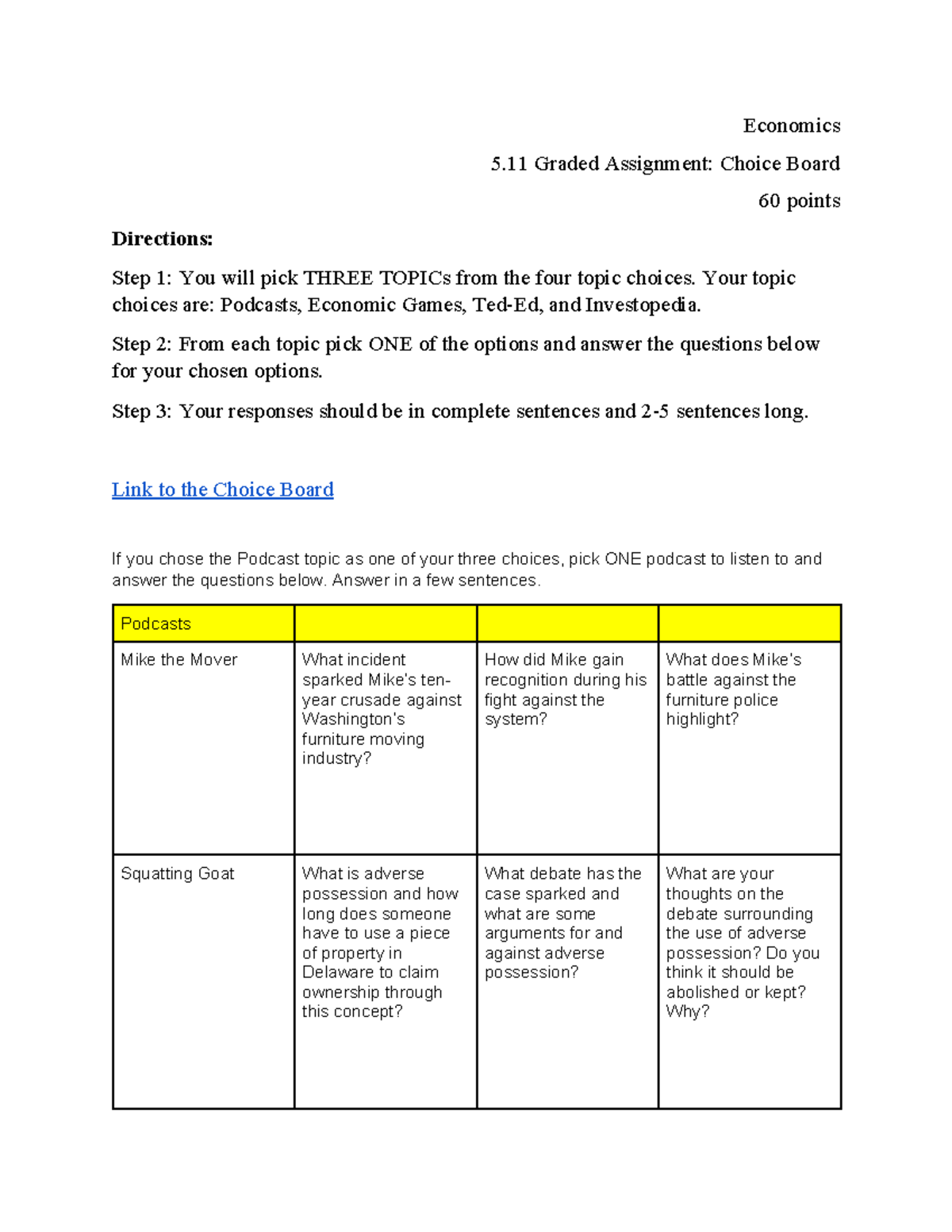 5.11 Choice Board Assignment 2023 Carr - Economics 5 Graded Assignment ...