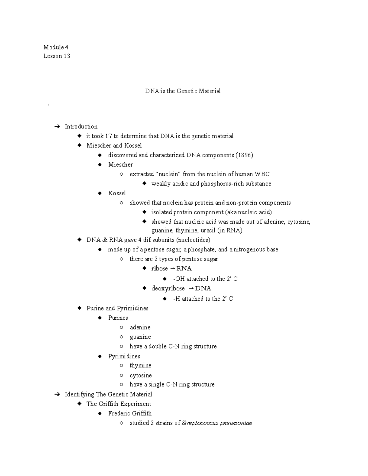 Module 4-Lecture Notes- Lessons 11-15 - Module 4 Lesson 13 DNA is the ...