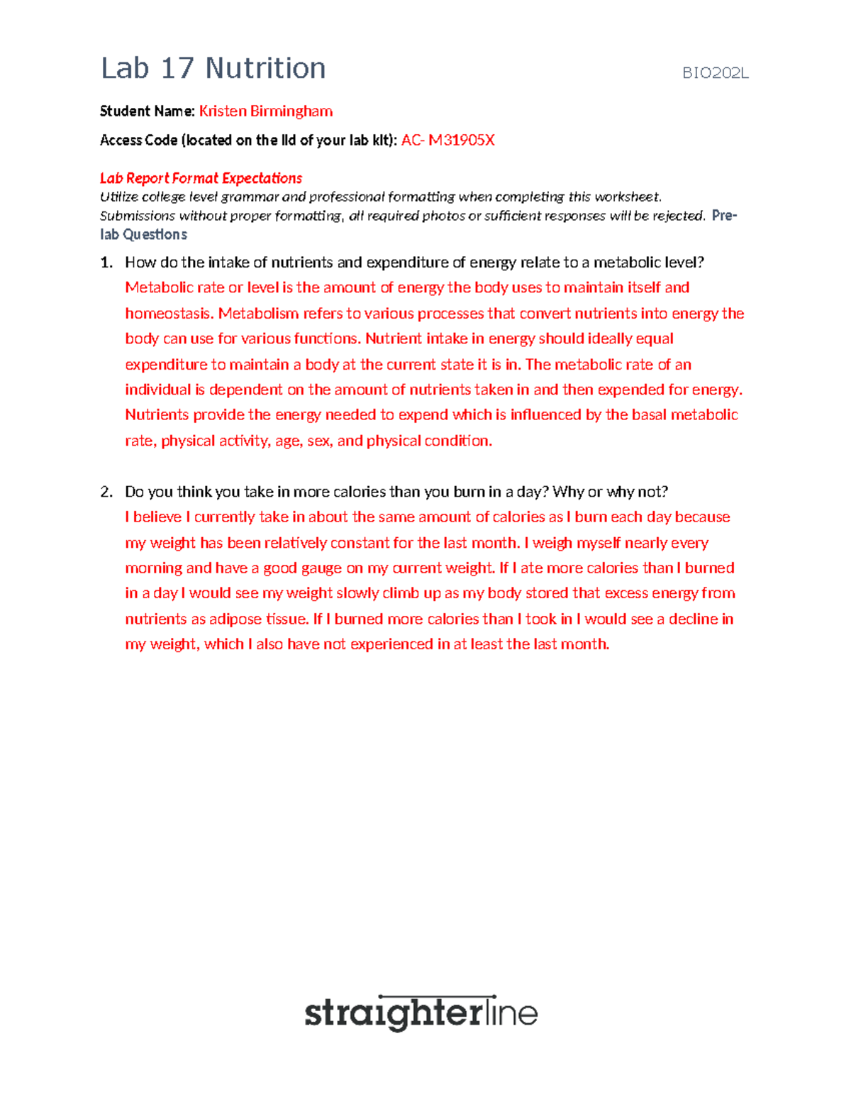 BIO202 Lab 17- Nutrition - Student Name: Kristen Birmingham Access Code ...