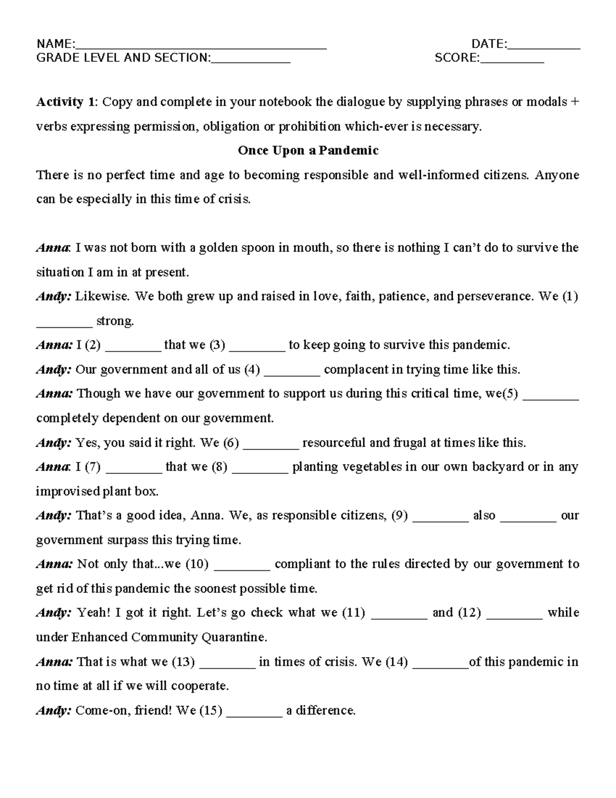Activity #1 (Modals) - NAME: DATE: GRADE LEVEL AND SECTION: SCORE ...
