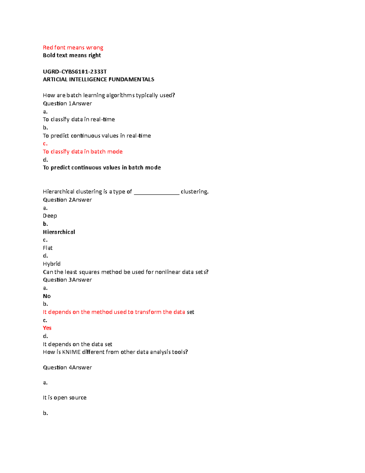 Ai fundamentals midterm - Red font means wrong Bold text means right UGRD-CYBS6101-2333T ...