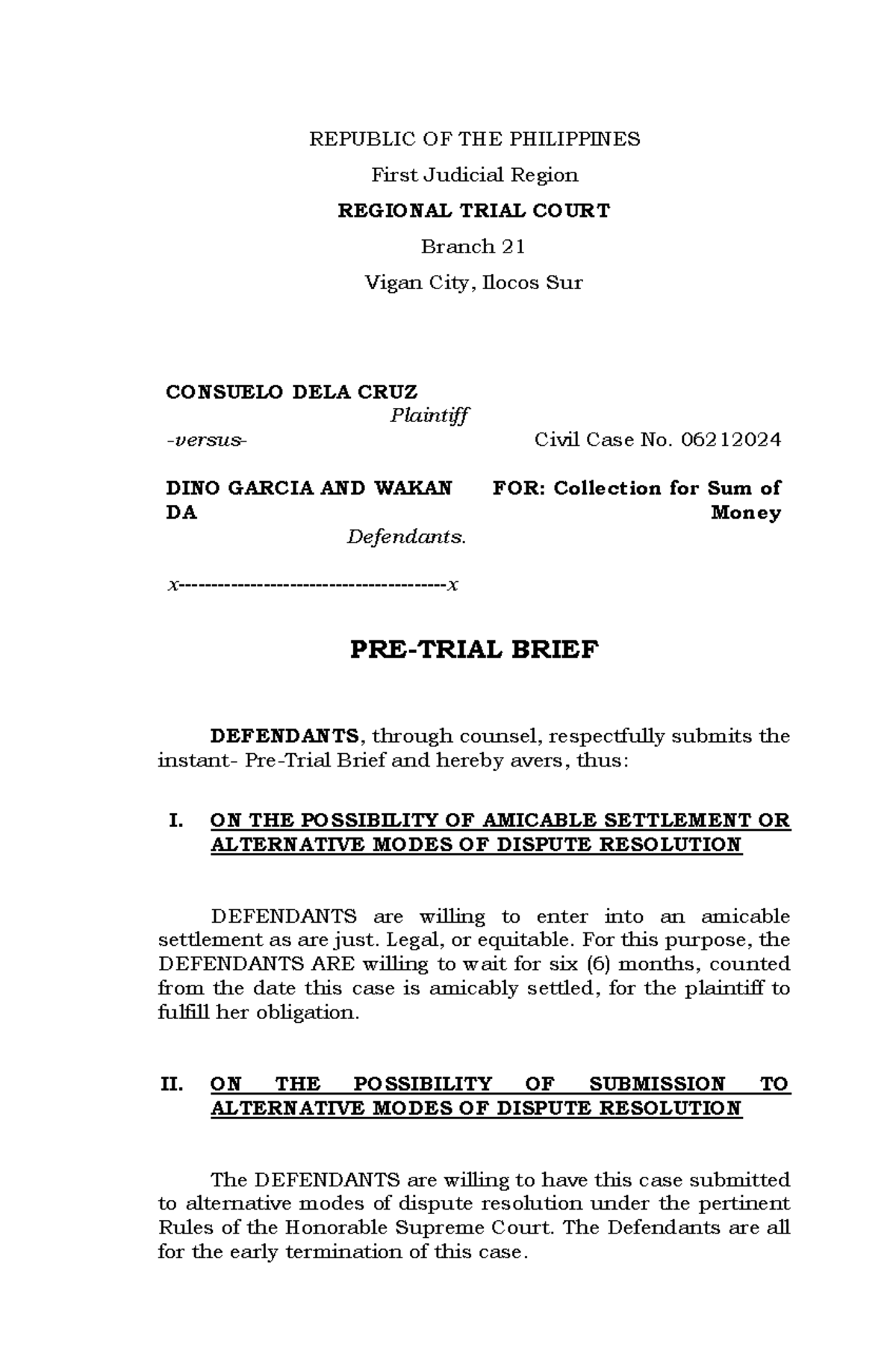 Ptb defendant - Notes - REPUBLIC OF THE PHILIPPINES First Judicial ...