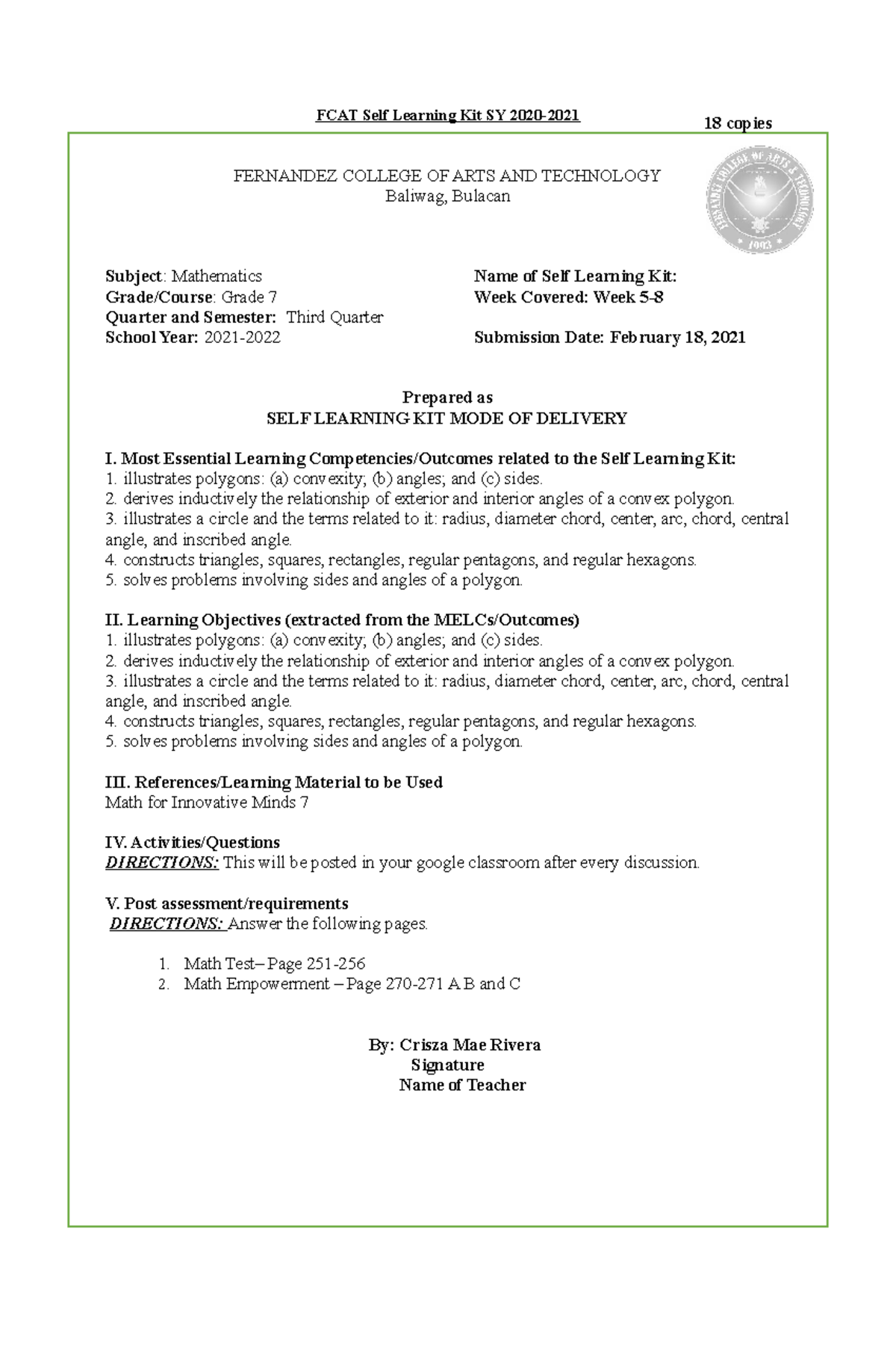 MATH 7- SKL WEEK 5-8 -Third Quarter - FCAT Self Learning Kit SY 2020 ...