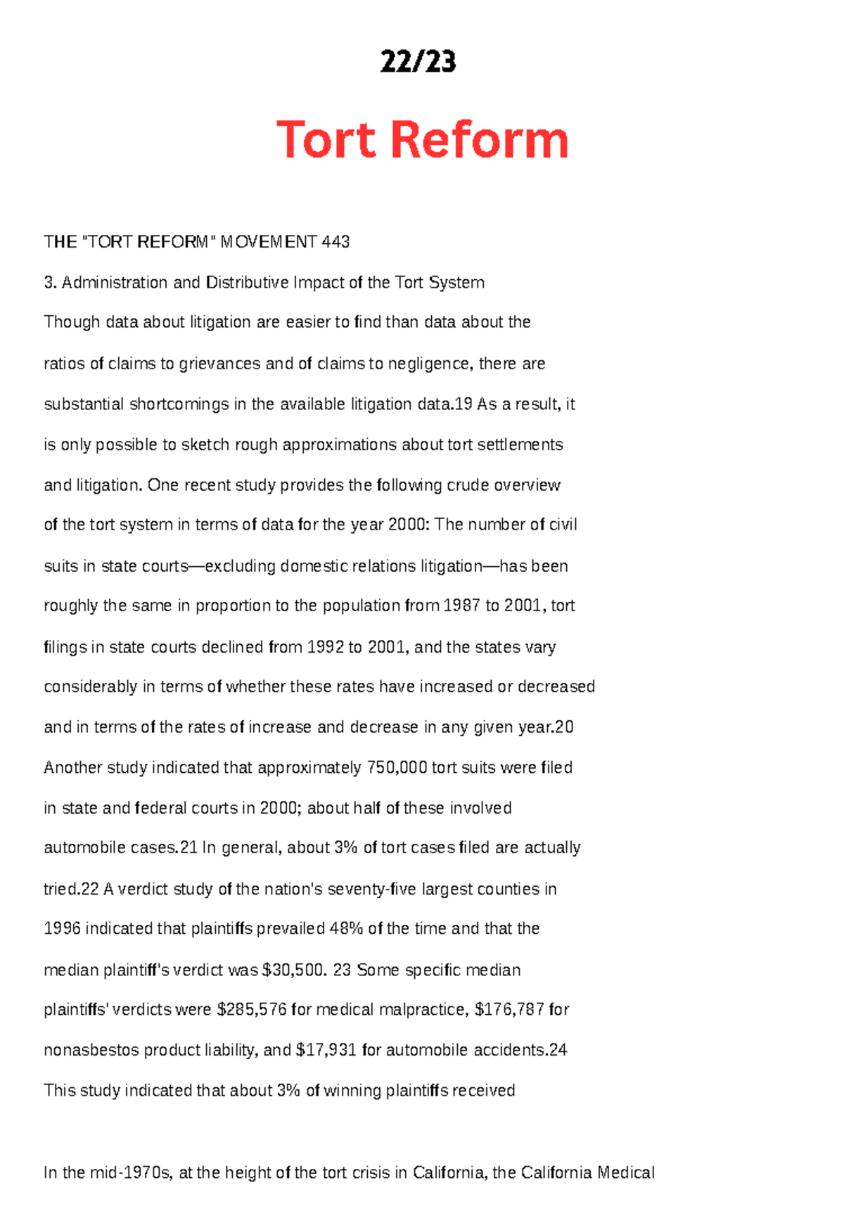 Tort Reform - 22/ Tort Reform THE “TORT REFORM” MOVEMENT 443 ...