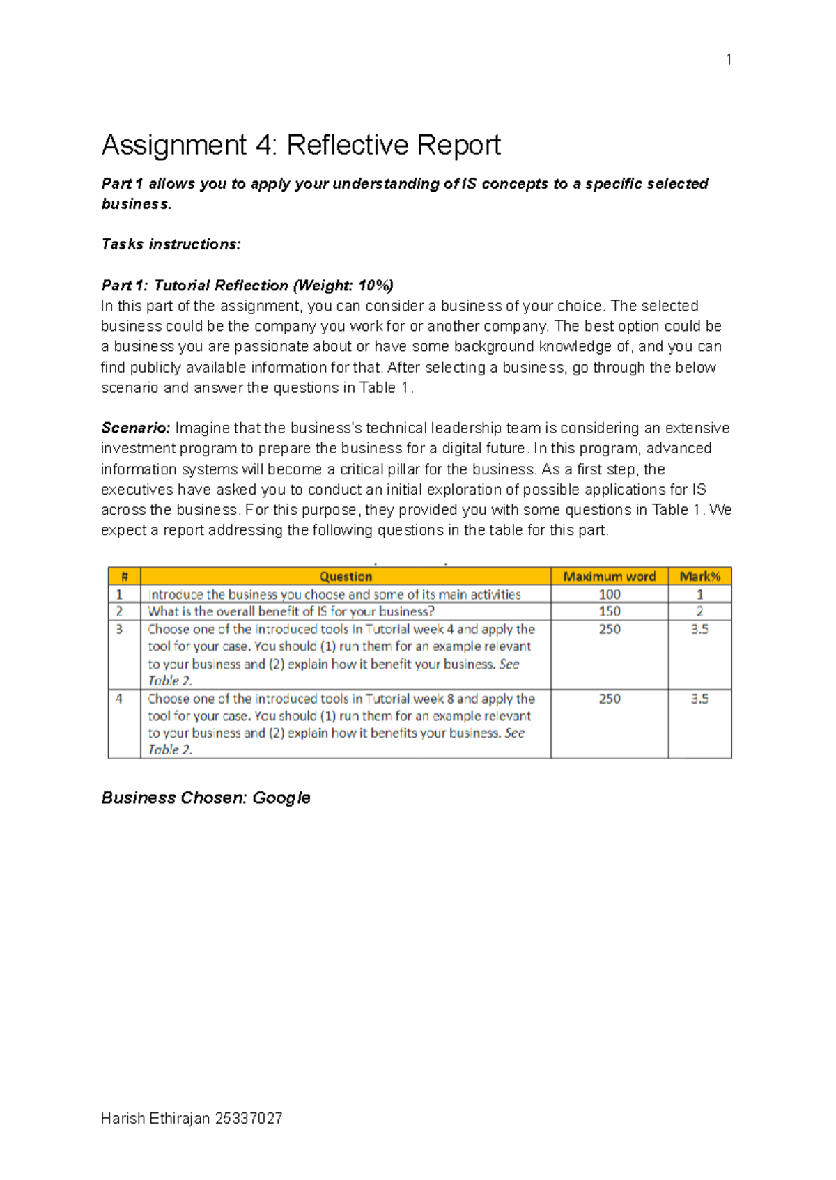 Assignment 4 Reflective Report - Assignment 4: Reflective Report Part 1 ...