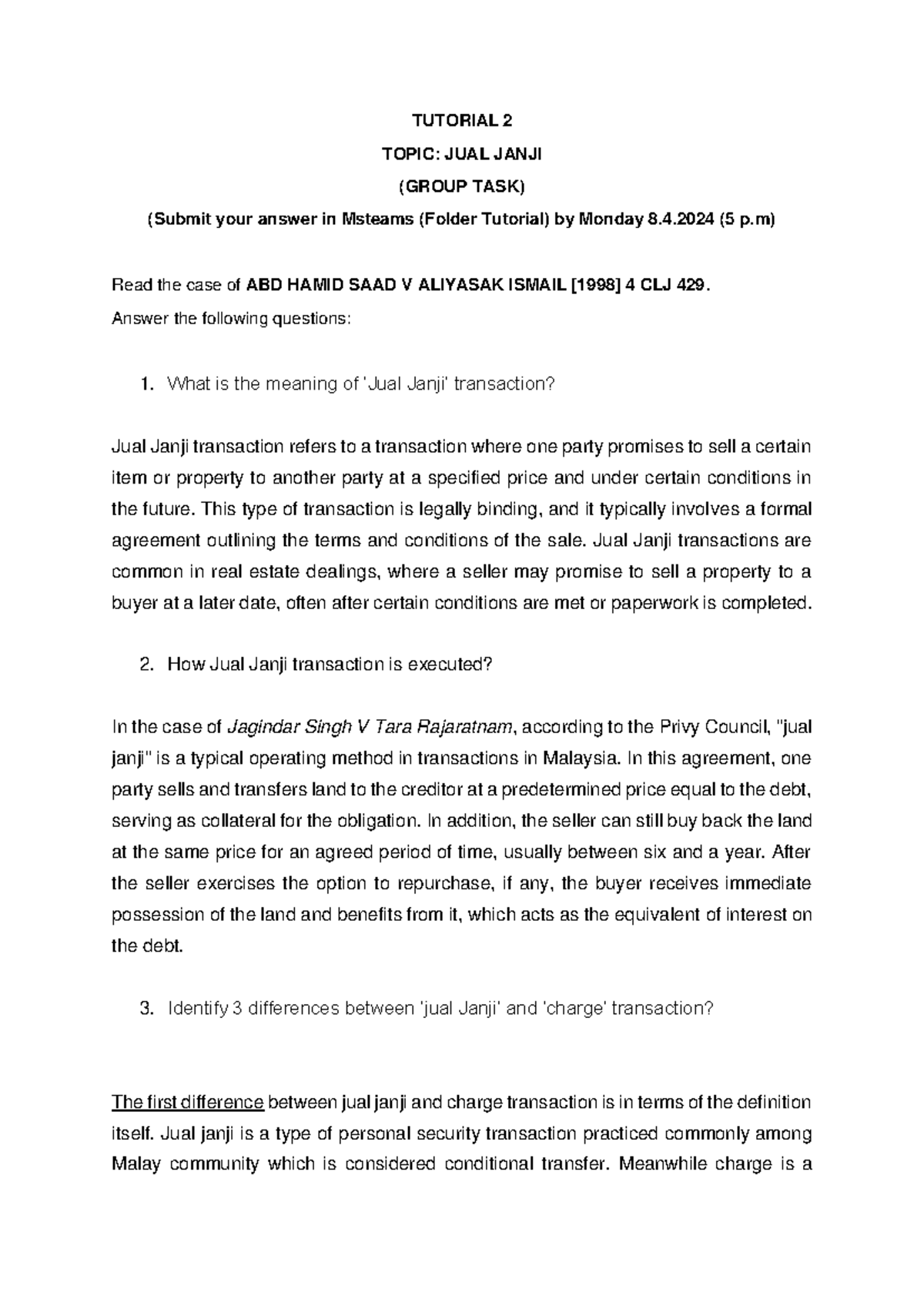 Jual Janji Tutorial Question Land law - TUTORIAL 2 TOPIC: JUAL JANJI (GROUP TASK) (Submit your ...