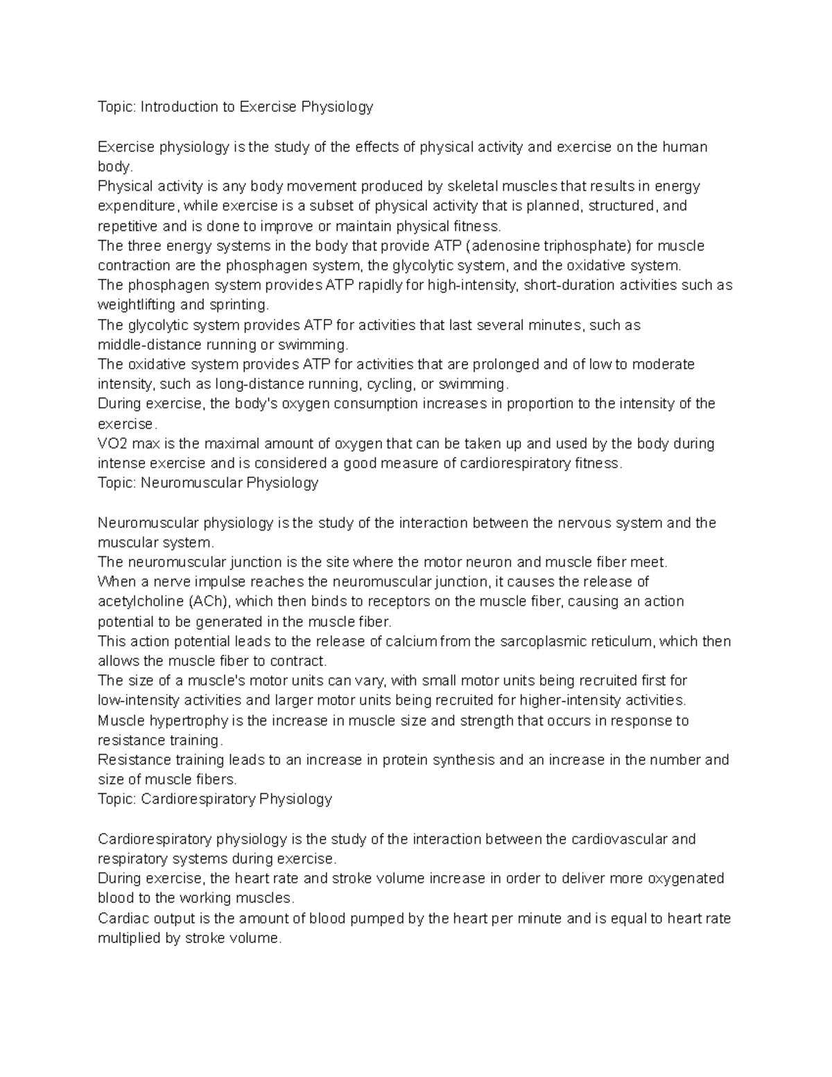 Topic Introduction to Exercise Physiology - Topic: Introduction to ...