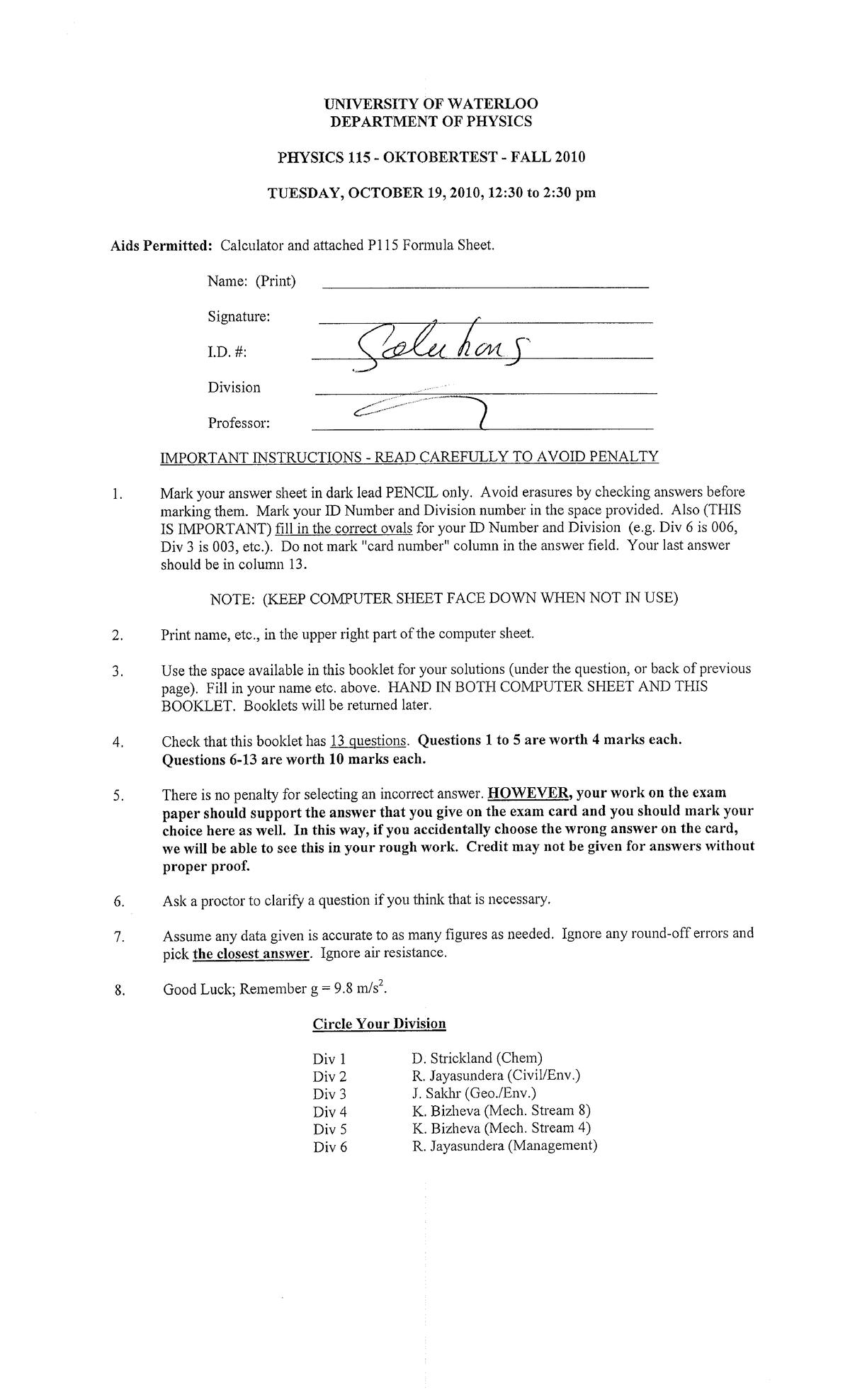 Exam 10 October 2010, answers - UNIVERSITY OF WATERLOO DEPARTMENT OF ...