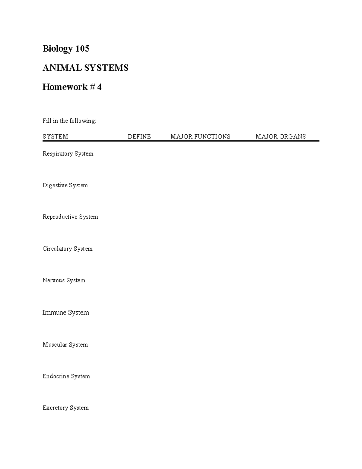 Biology Animal Systems Homework # 4 - BIO 105 - Biology 105 ANIMAL ...