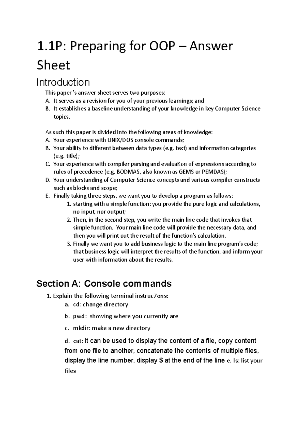 1.1P hs2 Answer - 1.1 - 1: Preparing for OOP – Answer Sheet Introduction This paper ’s answer ...