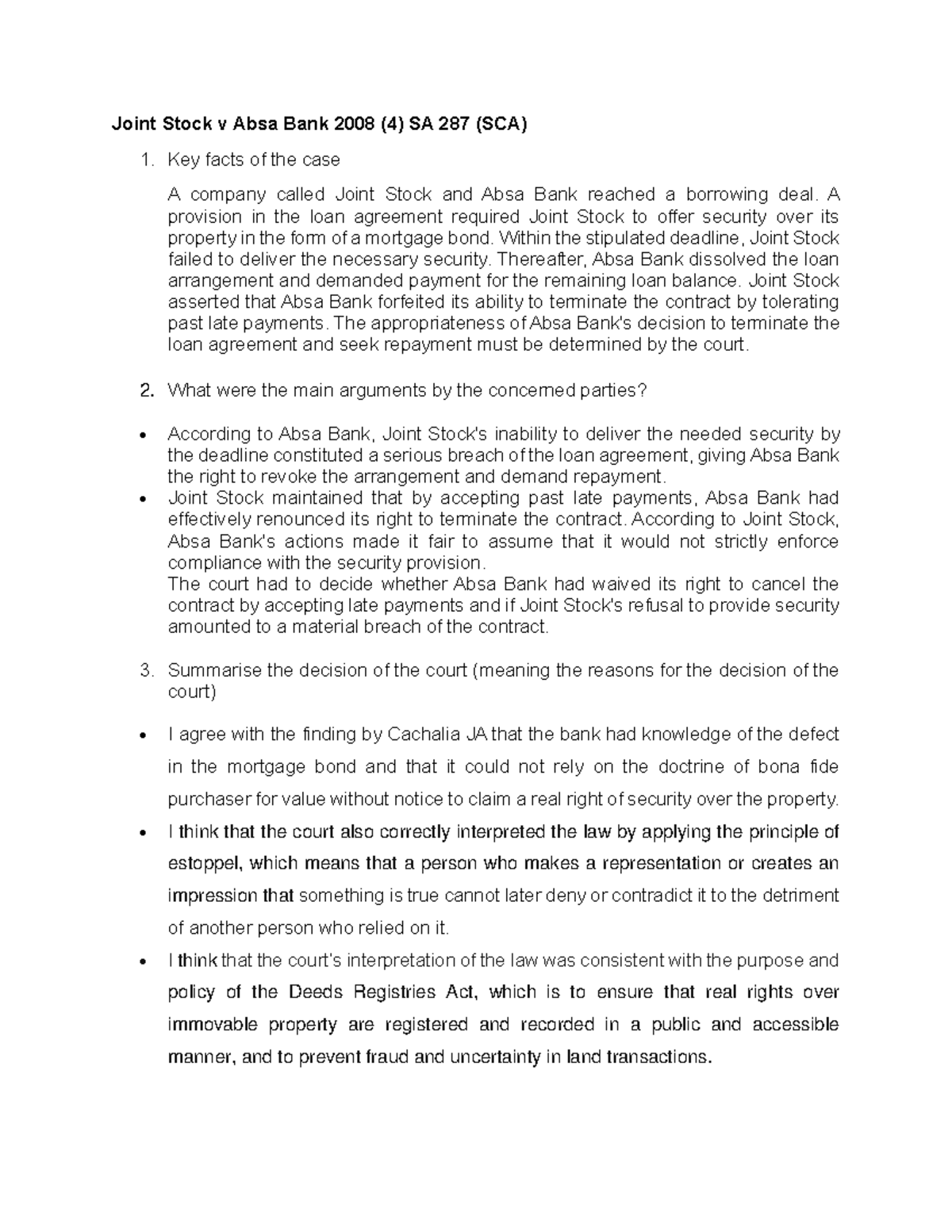 Assignment 01 - copy - Joint Stock v Absa Bank 2008 (4) SA 287 (SCA ...
