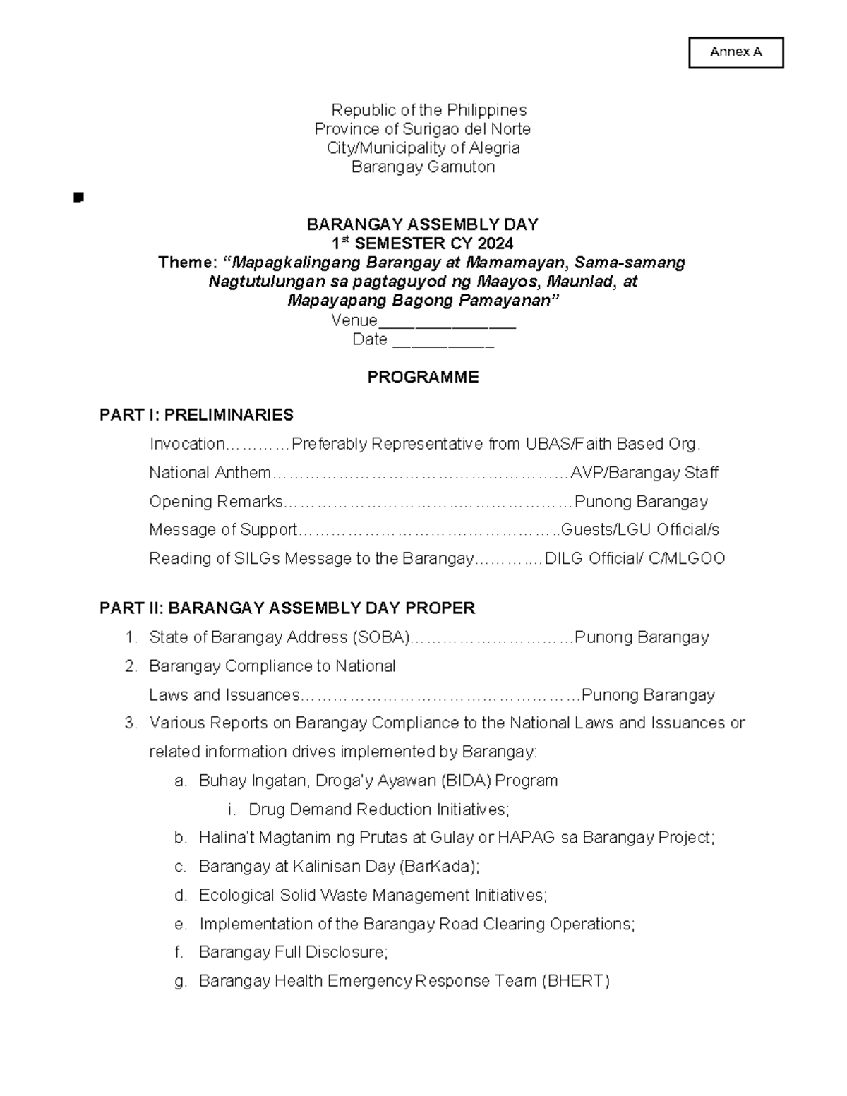Annexes A, G, I - Templates for Barangay - Republic of the Philippines ...