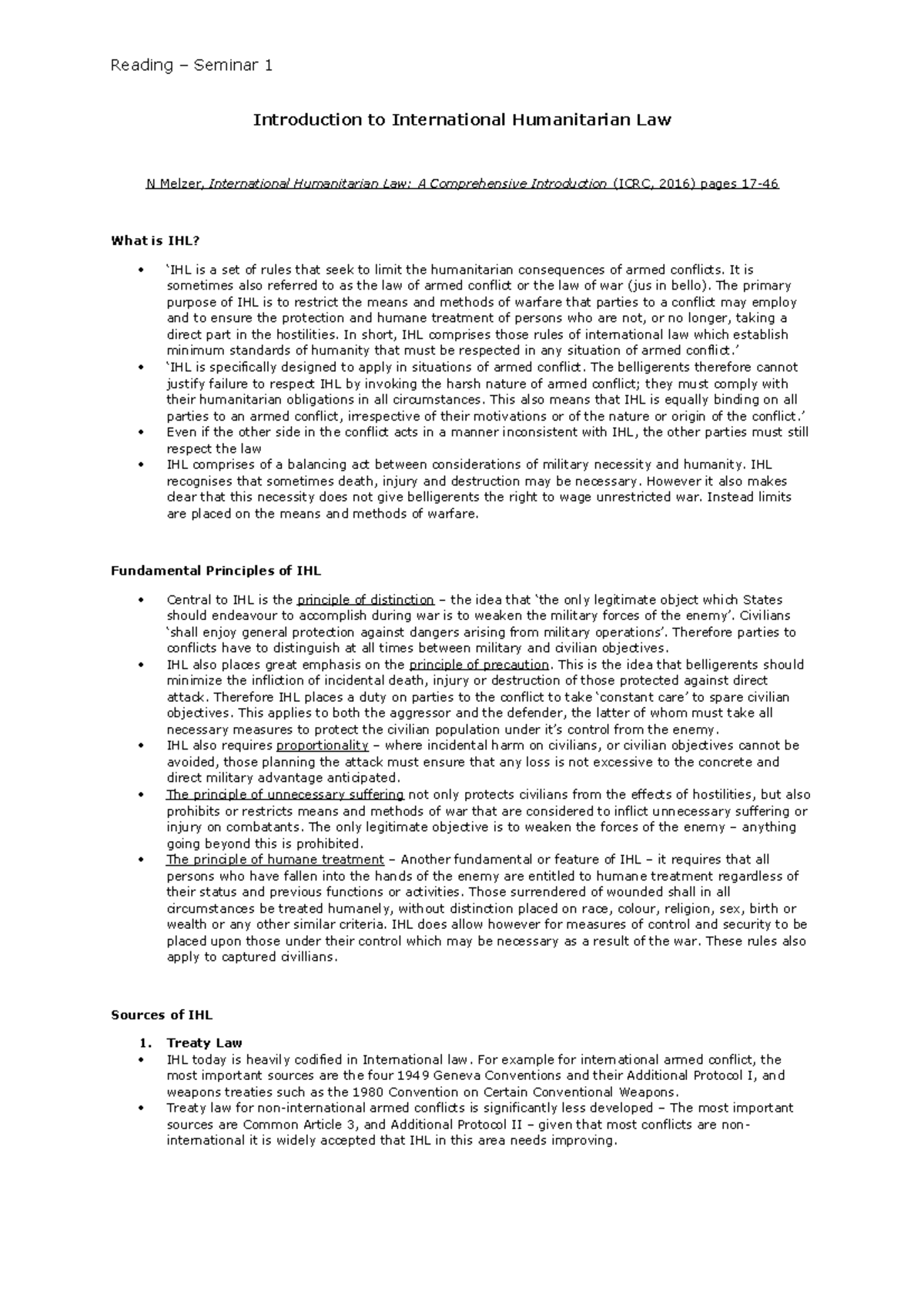 Seminar 1 - Principles of IHL - Introduction to International ...