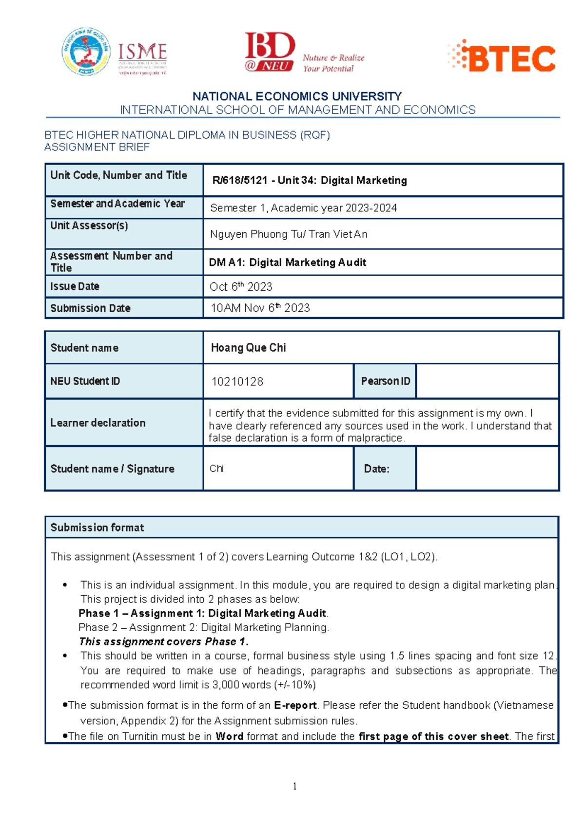 DM A1 F23 - dm asm brief - NATIONAL ECONOMICS UNIVERSITY INTERNATIONAL ...
