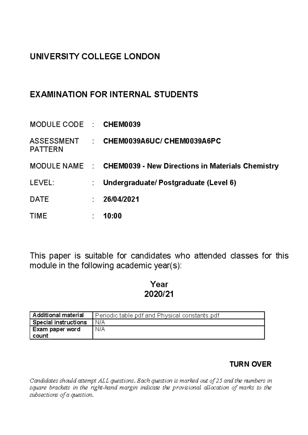 Pastpp 21 - 21-23 - UNIVERSITY COLLEGE LONDON EXAMINATION FOR INTERNAL ...
