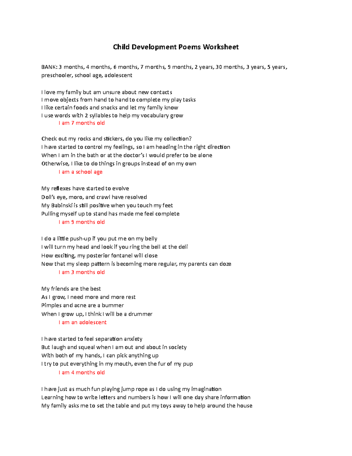 Child Development Poem Worksheet - Studocu