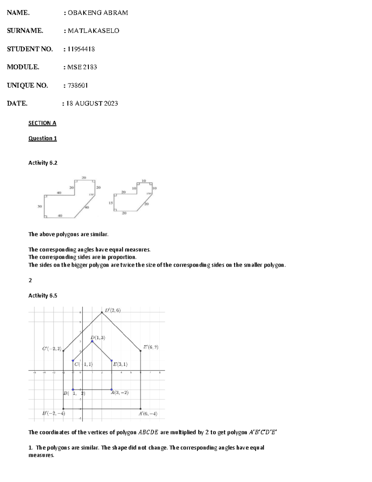 MSE2183 Assignment 4 2023 - NAME. : OBAKENG ABRAM SURNAME ...