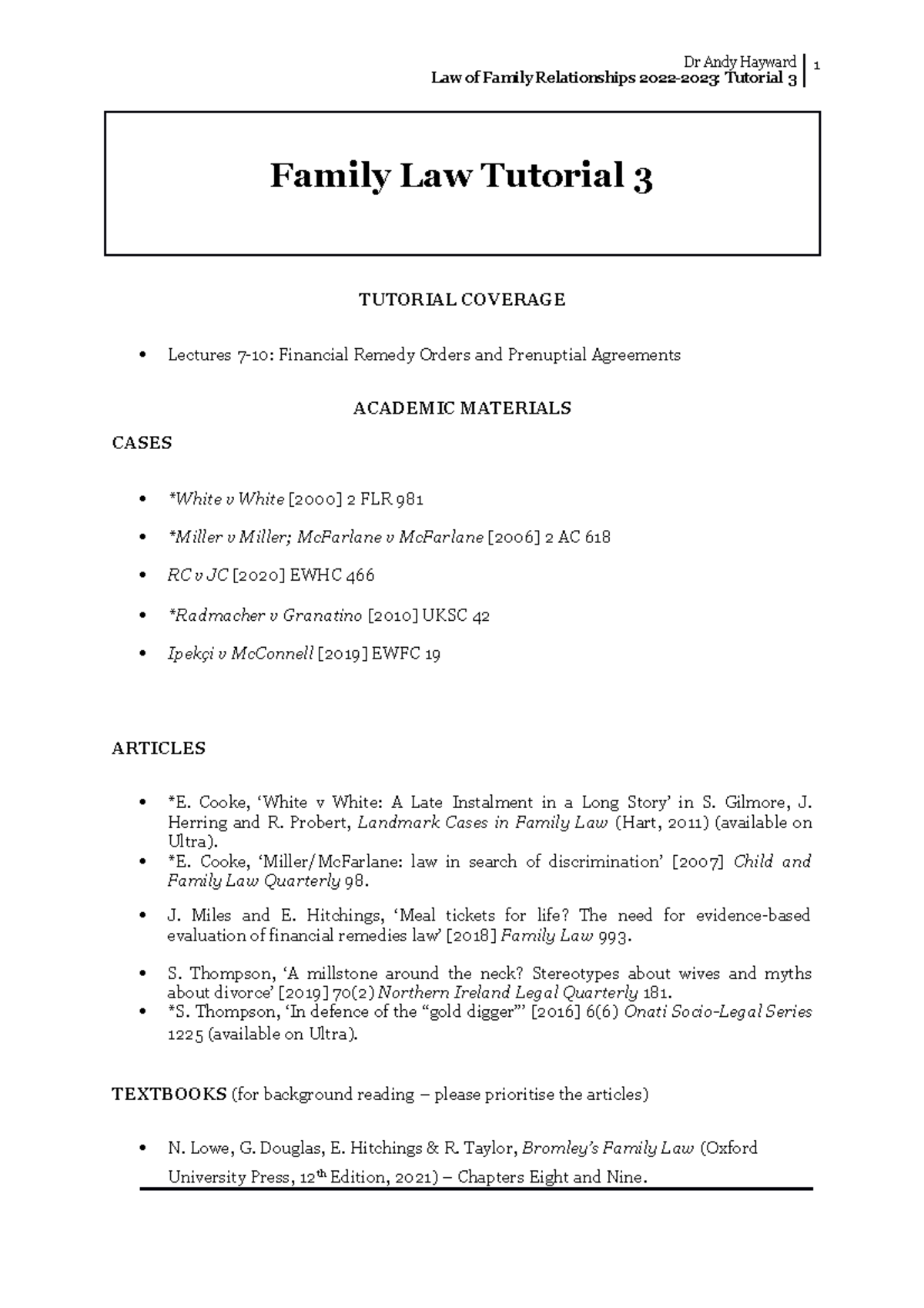 Family LAW Tutorial Three 2022-2023 - Law of Family Relationships 2022 ...