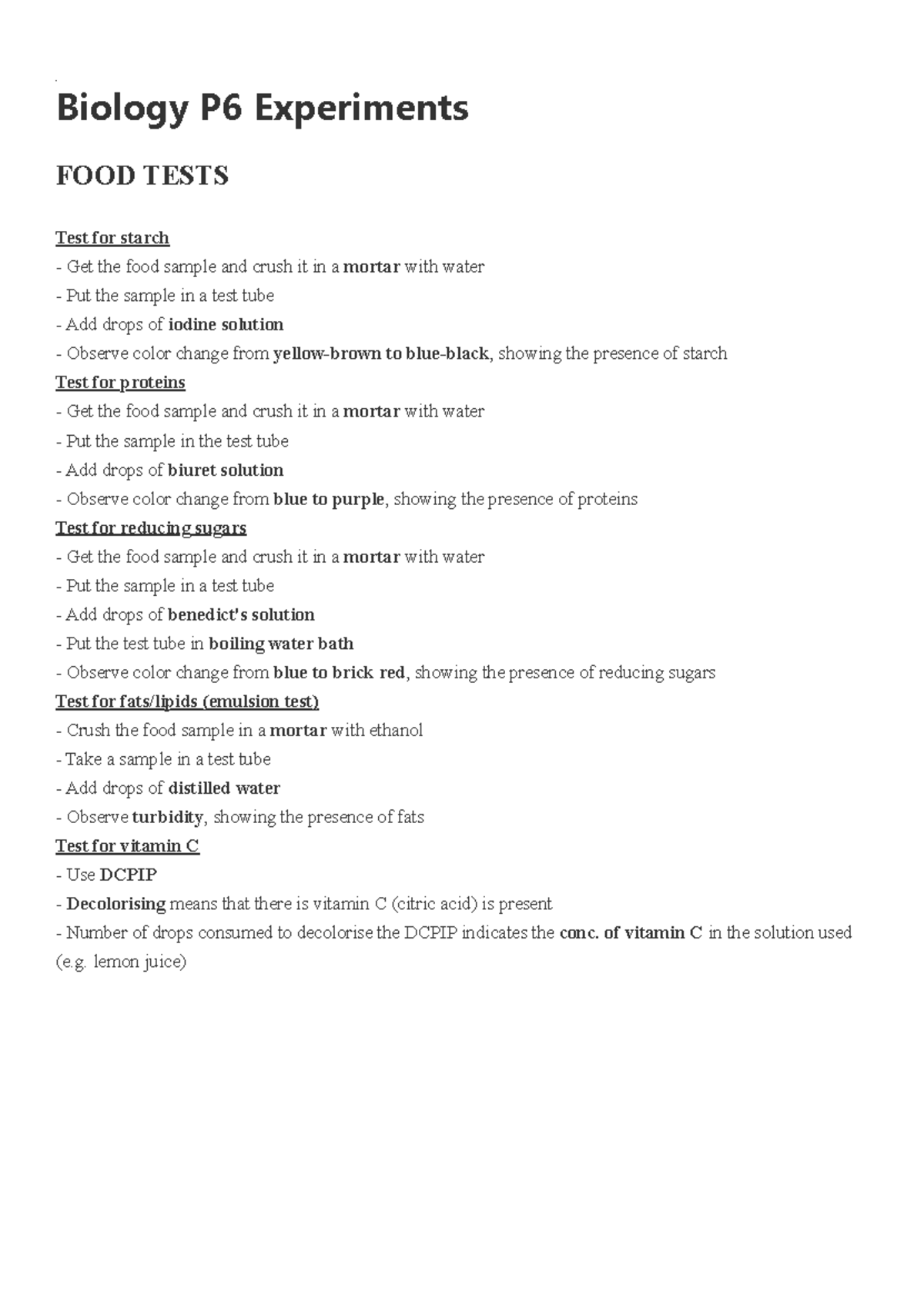 Biology P6 Experiments - Food tests - Biology P6 Experiments FOOD TESTS ...