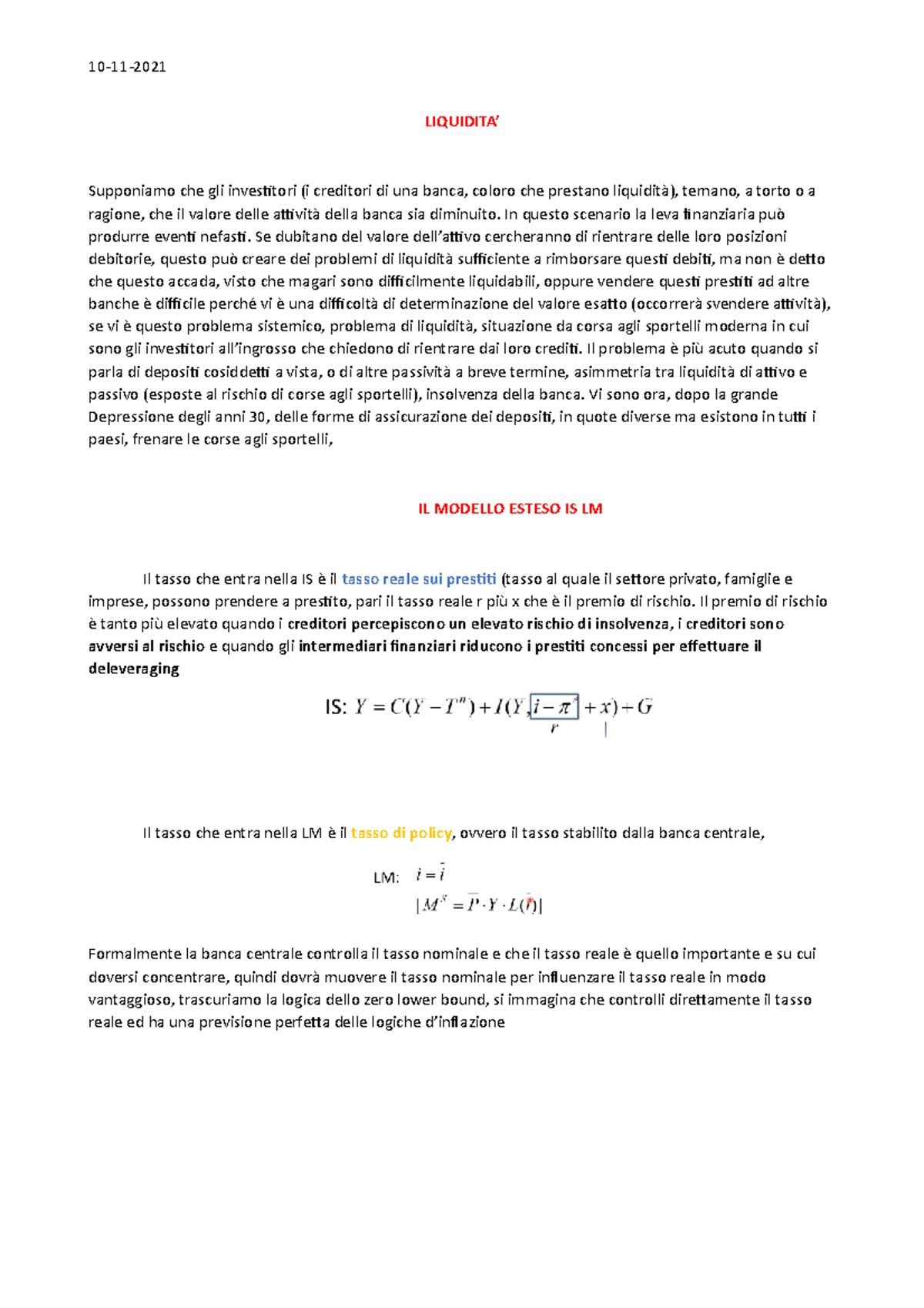Lezione 70 - relazione per la tesina - LIQUIDITA’ Supponiamo che gli ...