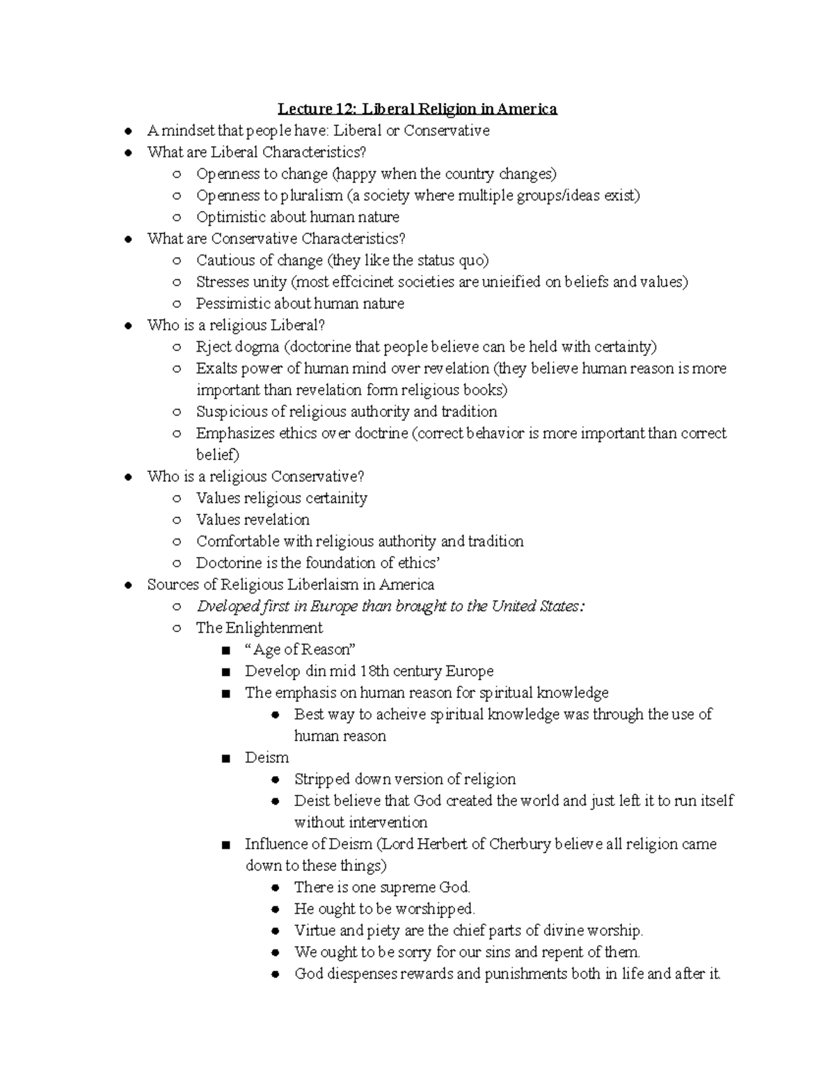 Lecture 12 Reading Notes - Lecture 12: Liberal Religion in America A ...
