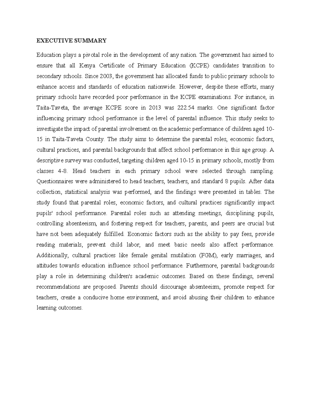 Executive Summary - good - EXECUTIVE SUMMARY Education plays a pivotal ...