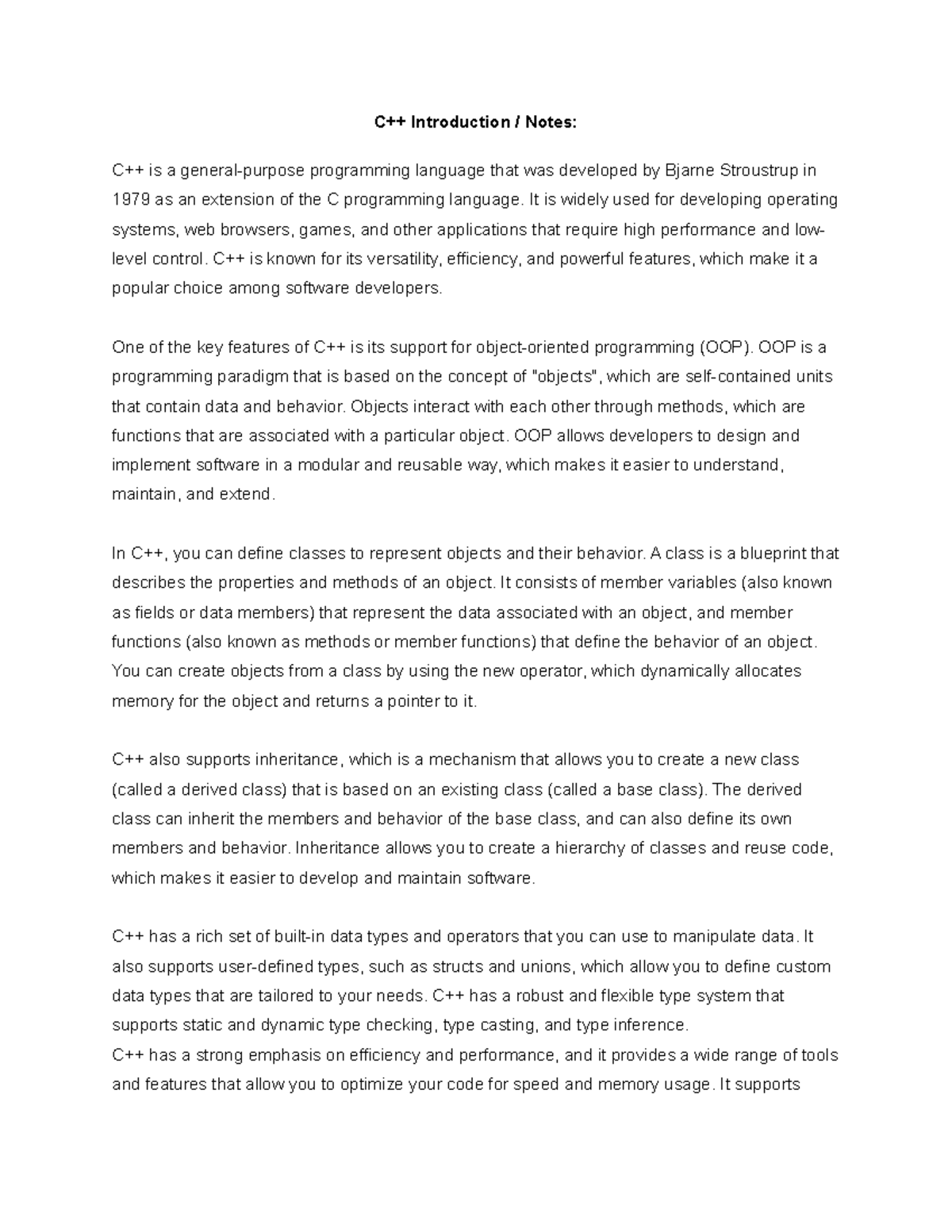 Intro notes to c plus - kramer - C++ Introduction / Notes: C++ is a ...