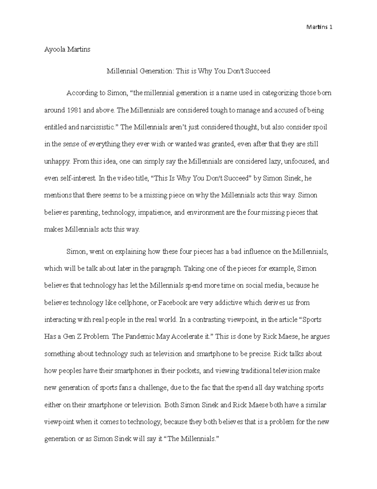 Synthesis Essay done - Ayoola Martins Millennial Generation: This is ...