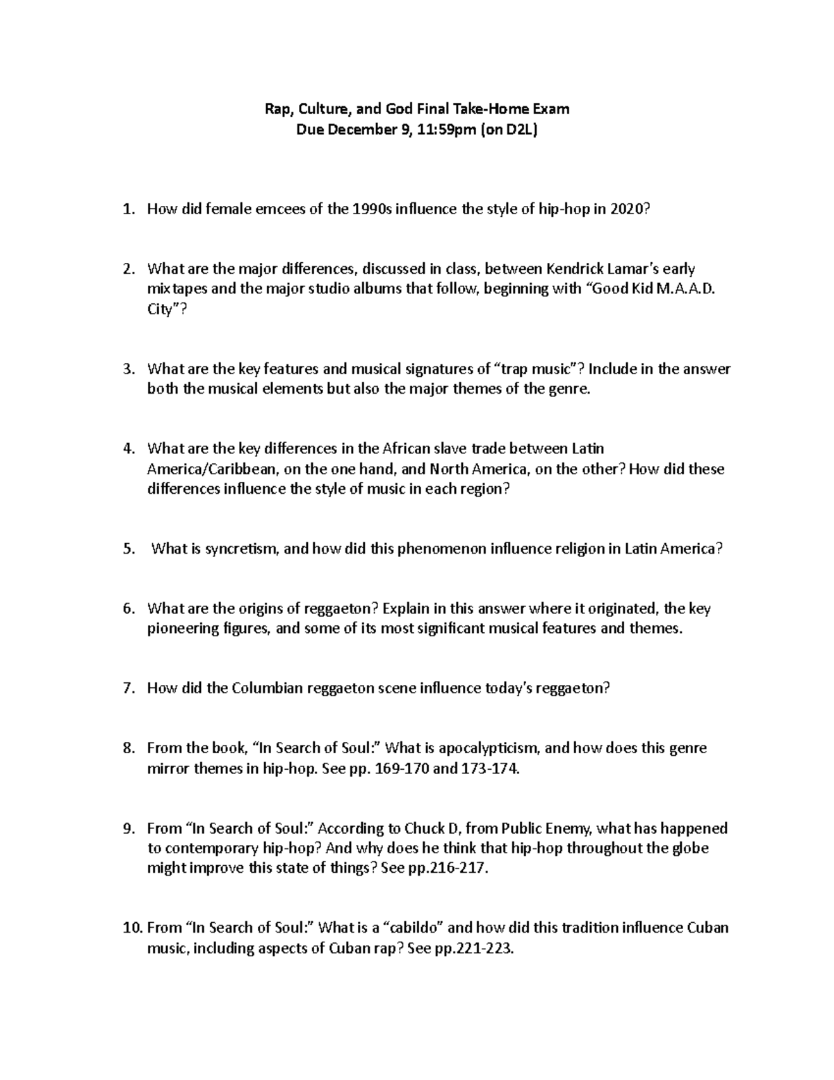 Rap Culture and God final take-home exam - Rap, Culture, and God Final Take-Home ExamDue ...