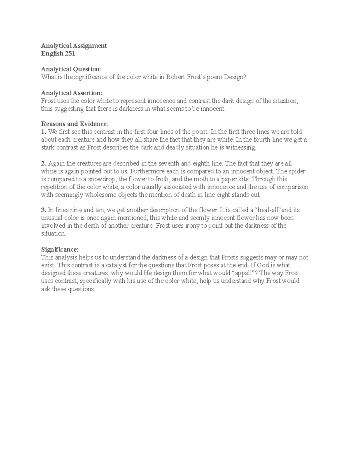 Analytical Assignment - Analytical Assignment English 251 Analytical ...