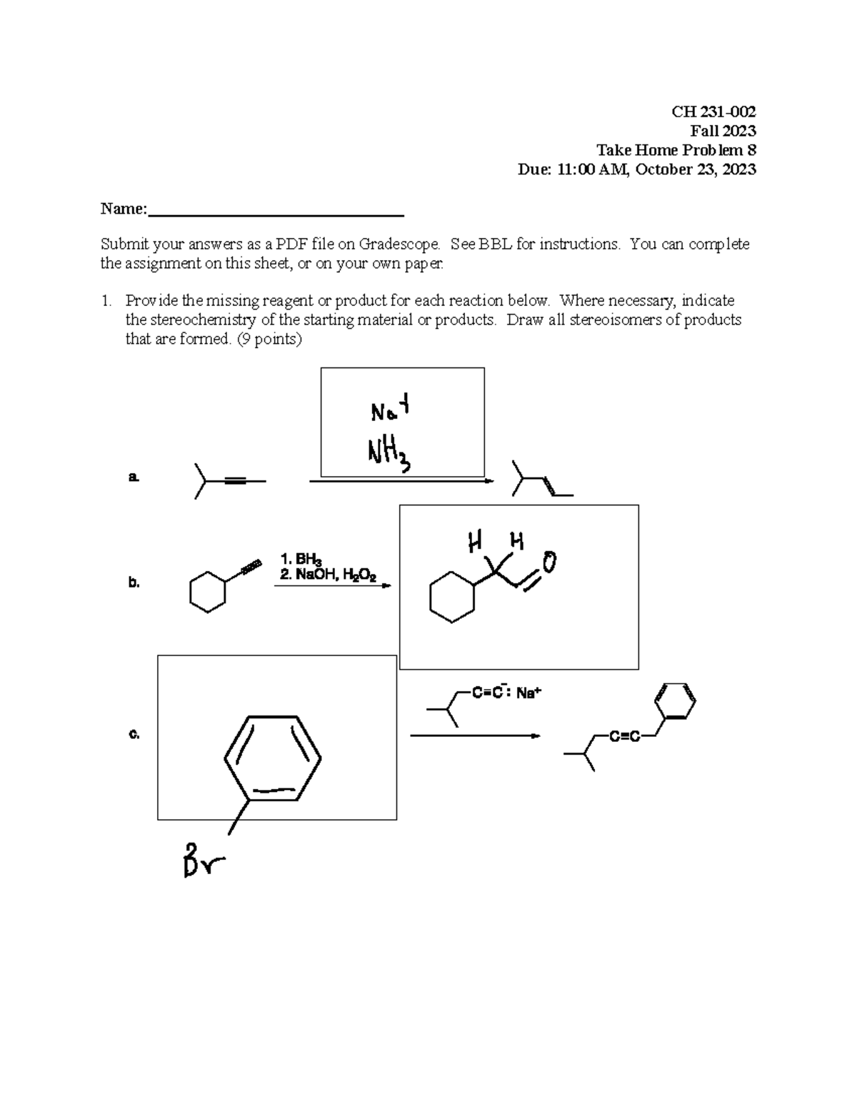 CH231-f23-takehome 8 - Take home - CH 231- 002 Fall 2023 Take Home ...
