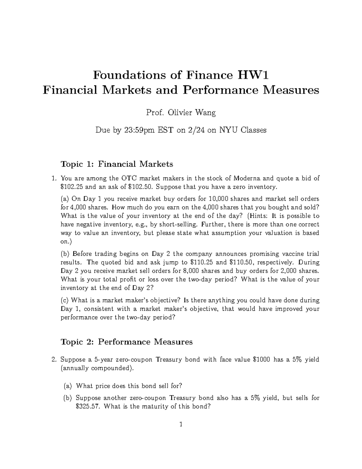 HW1 - Homework 1 - Foundations of Finance HW Financial Markets and ...
