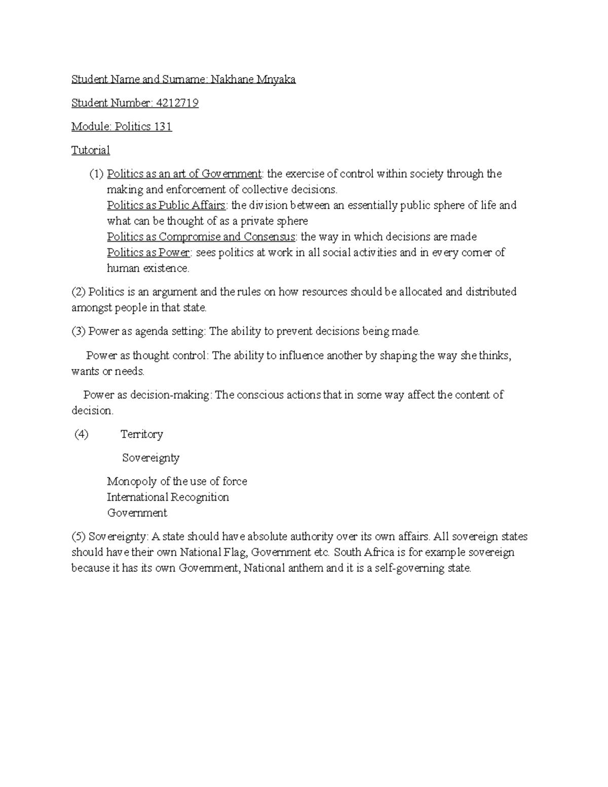 Politcs 131 Tutorial - Practise for tuts and tests - Student Name and ...