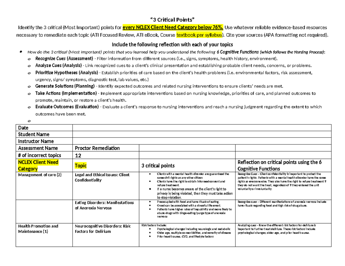 Focused Review Proctor - “3 Critical Points” Identify the 3 critical ...