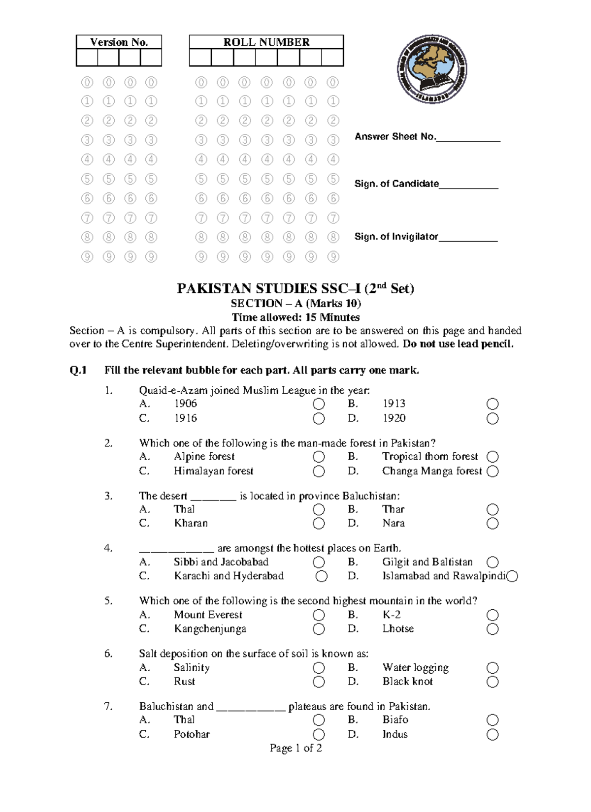 Pakistan Studies SSC-I (2nd Set) - Version No. ⓪ ⓪ ⓪ ⓪ ① ① ① ① ② ② ② ② ...