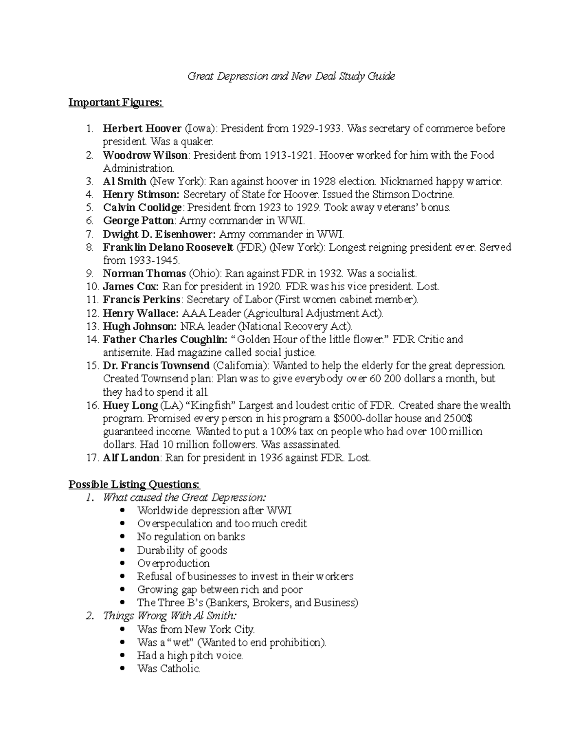 New Deal Study Guide - Great Depression and New Deal Study Guide ...