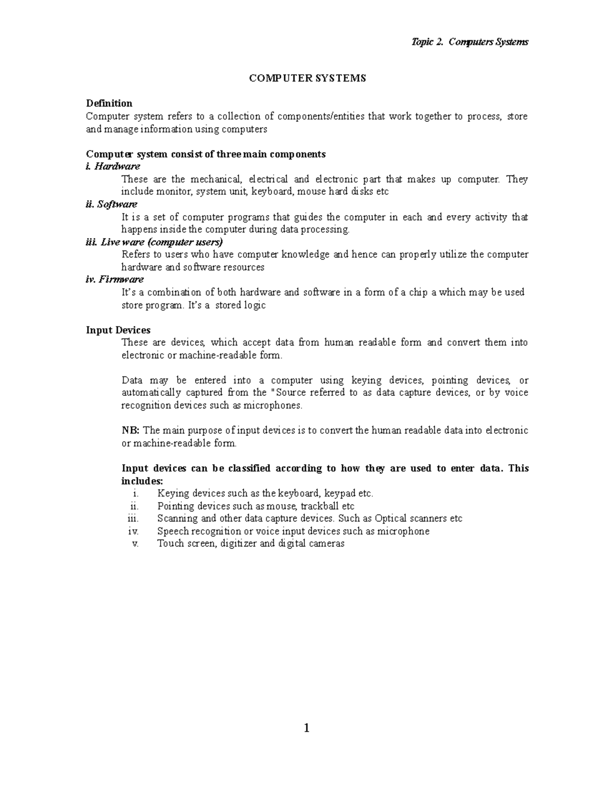 Notes Form 1 Computer Systems 2 - COMPUTER SYSTEMS Definition Computer ...
