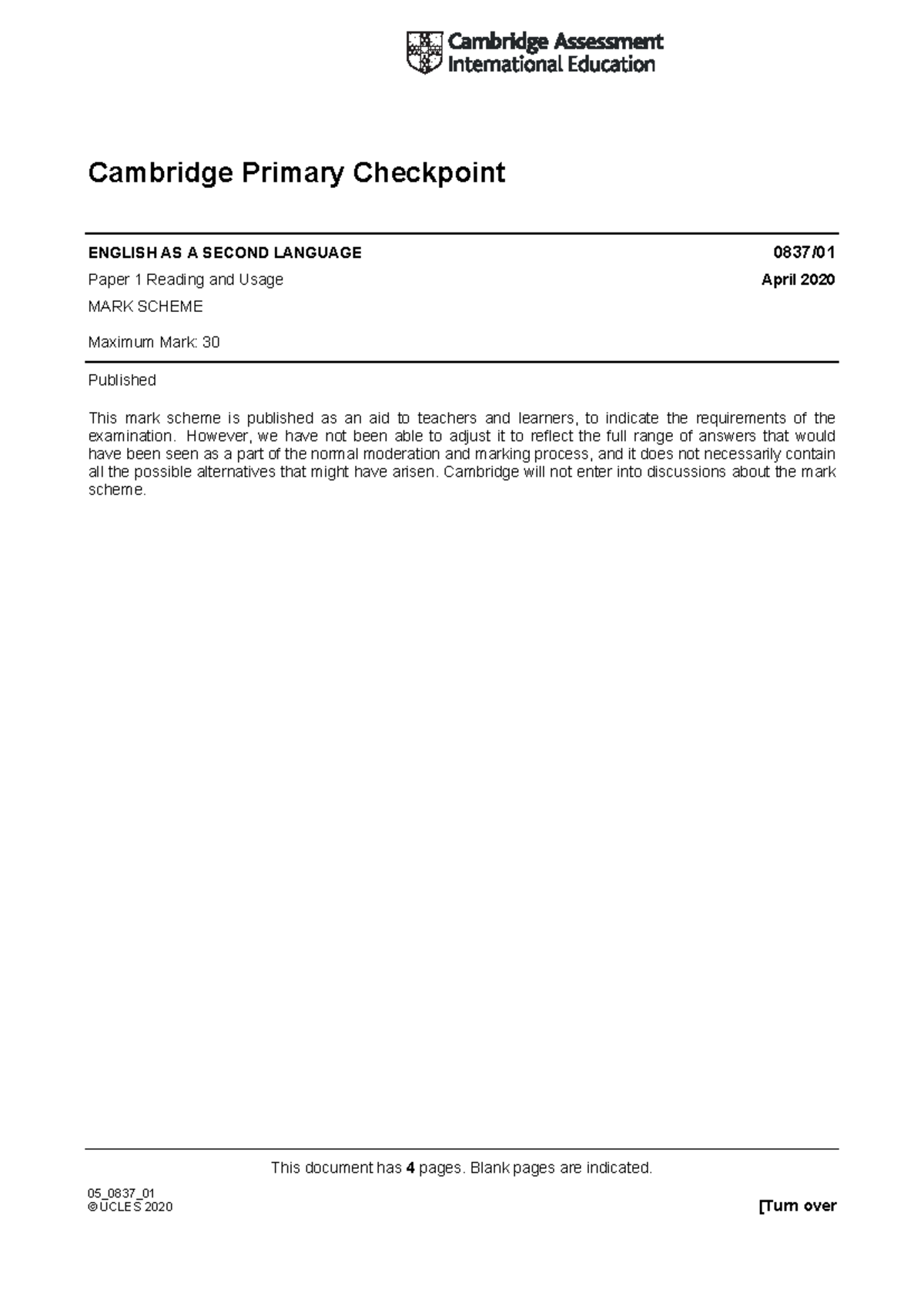 Cambridge Primary Checkpoint - English as a Second Language (0837 ...