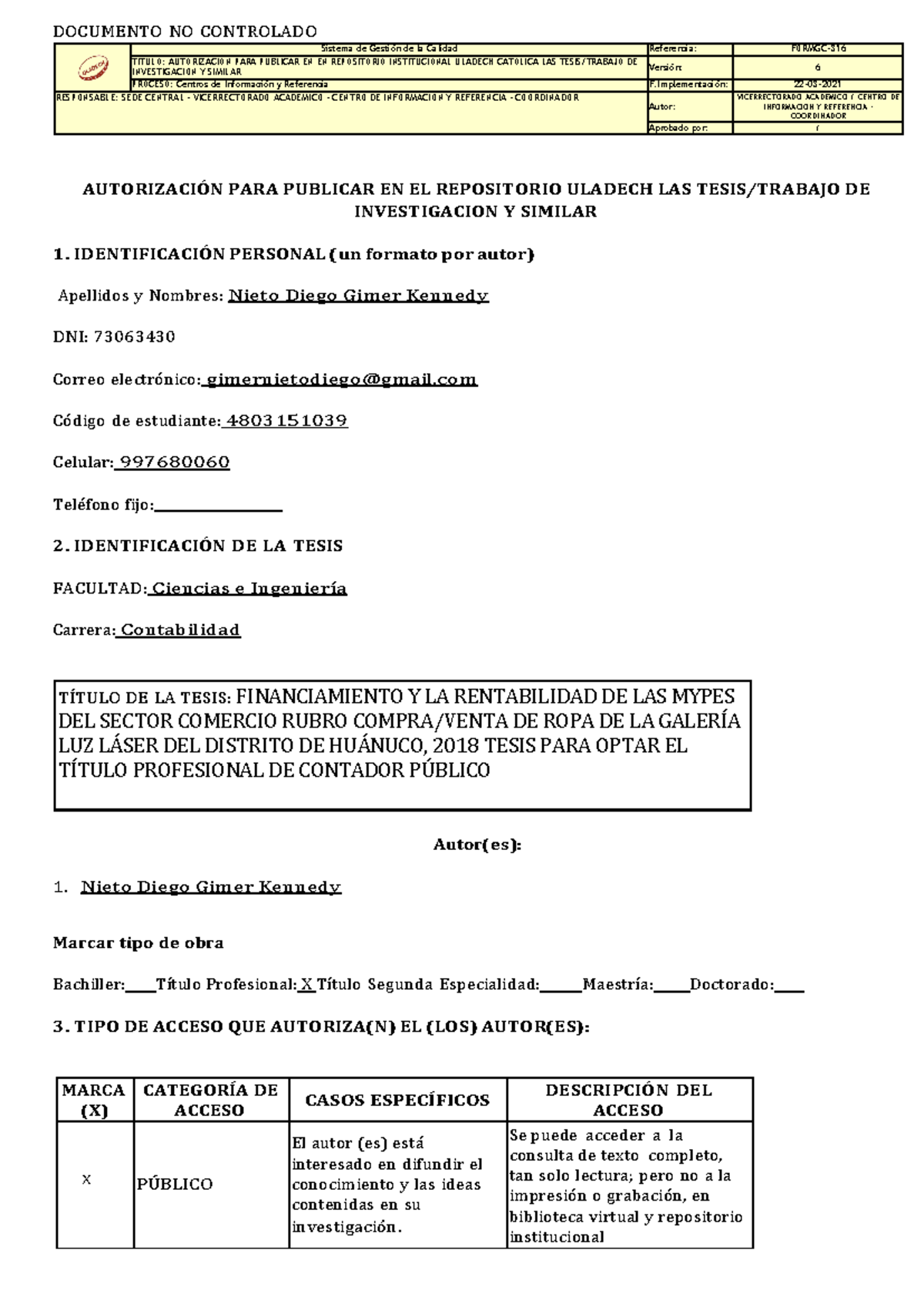 Formgc-316 Actualizado - DOCUMENTO NO CONTROLADO Sistema de Gestión de ...